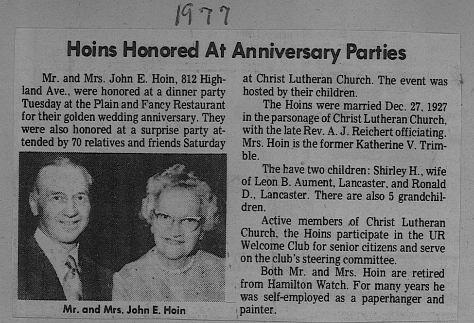 Anniversary-Trimble Katherine V and Hoin John E -50 – Mennonite Life
